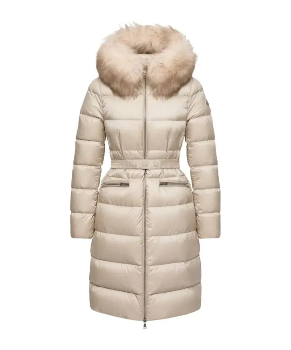 Moncler Boedic Hooded Shearling-trimmed Long Down Jacket - Light Beige