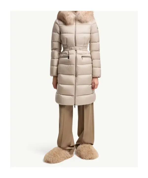 Moncler Boedic Hooded Shearling-trimmed Long Down Jacket