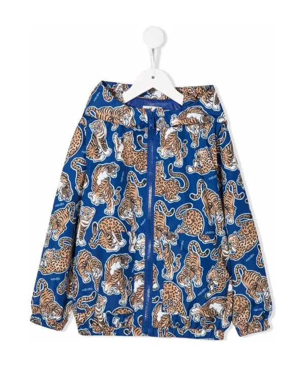 Kenzo Teen Tiger-print Zip-up Hooded Windbreaker - Blue