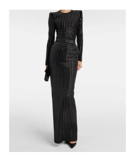 Alex Perry Column Embellished Pinstripe Velvet Maxi Skirt