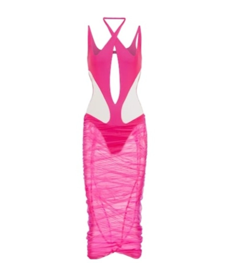 MUGLER Cutout Paneled Tulle Midi Dress