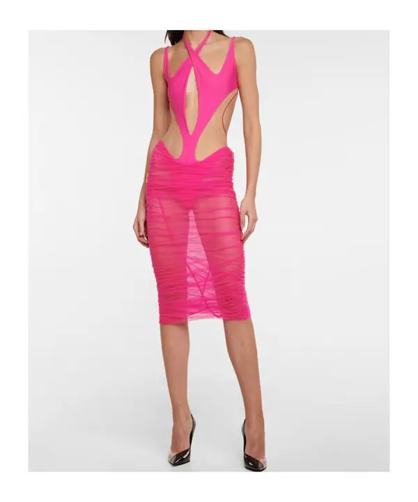 MUGLER Cutout Paneled Tulle Midi Dress