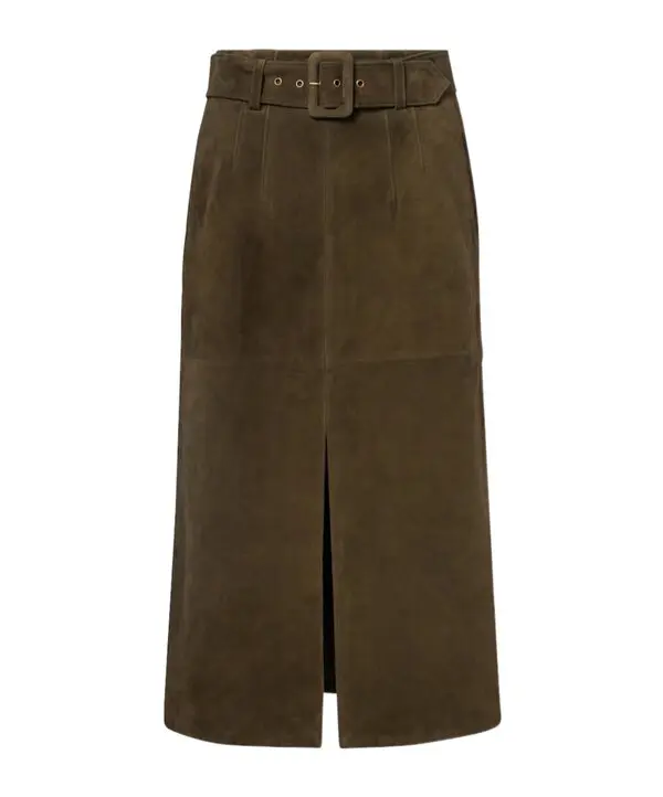 Veronica Beard Alexie Belted Suede Midi Skirt - Green