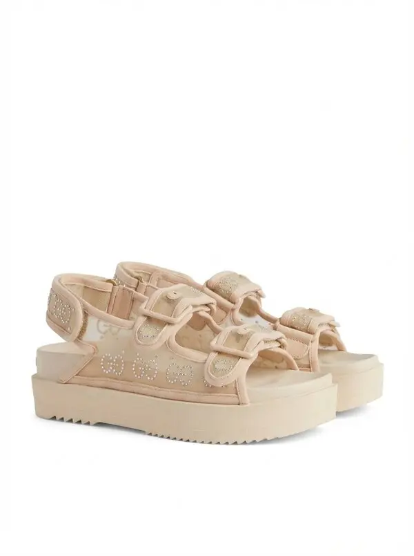 Gucci Crystal-embellished Monogram-pattern Sandals - Nude