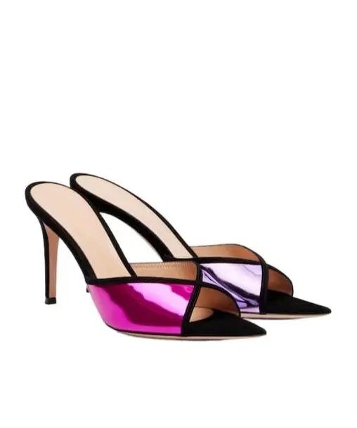 GIANVITO ROSSI 85 Suede-trimmed Metallic Leather Mules