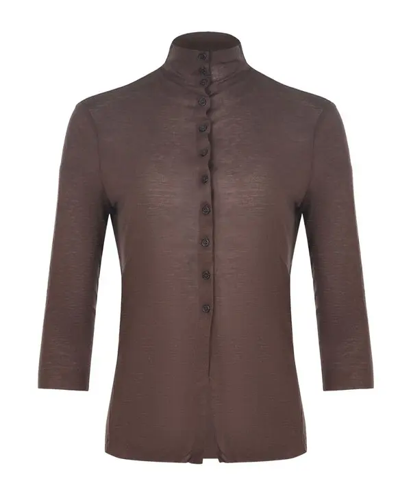 ALYSI Long Sleeve Semi-sheer High Collar Knit Top - Brown