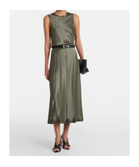 Vince Pleated Satin Midi Skirt