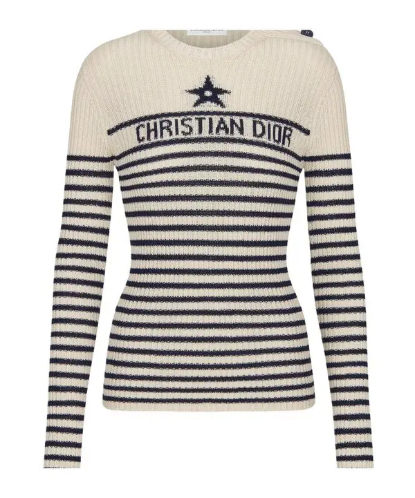 Dior Ribbed Knit Crewneck Sweater With Striped Pattern And Logo Detail - Black