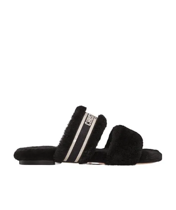 Dior Chez Moi Logo Embroidered Fur Slides - Black