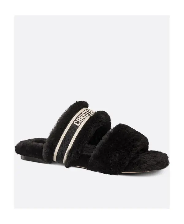 Dior Chez Moi Logo Embroidered Fur Slides