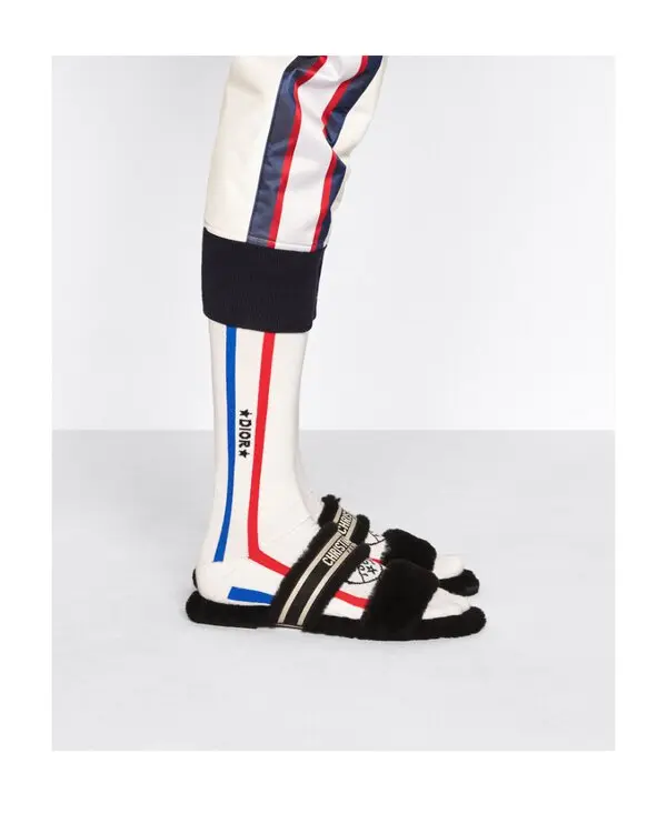 Dior Chez Moi Logo Embroidered Fur Slides