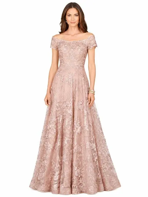 LARA NEW YORK Off Shoulder A-line Gown With Lace Appliqué And Rhinestones - Blush