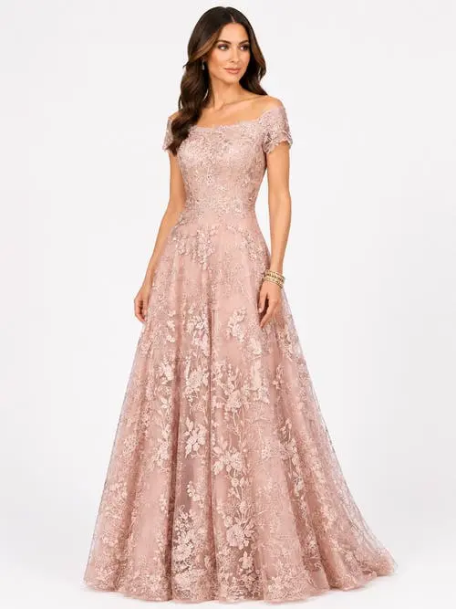 LARA NEW YORK Off Shoulder A-line Gown With Lace Appliqué And Rhinestones - Blush