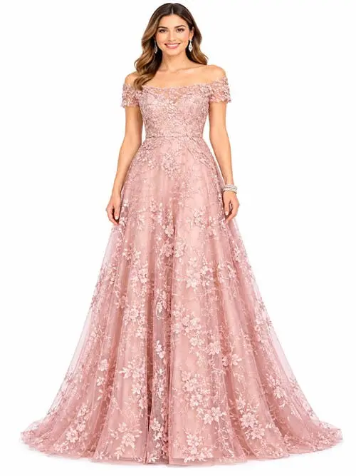 LARA NEW YORK Off Shoulder A-line Gown With Lace Appliqué And Rhinestones - Blush