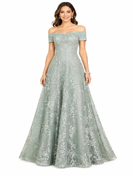 LARA NEW YORK Off Shoulder A-line Gown - Silver Sage