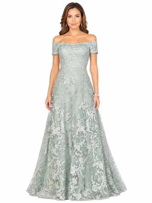 LARA NEW YORK Off Shoulder A-line Gown With Lace Appliqué And Rhinestones - Silver/sage