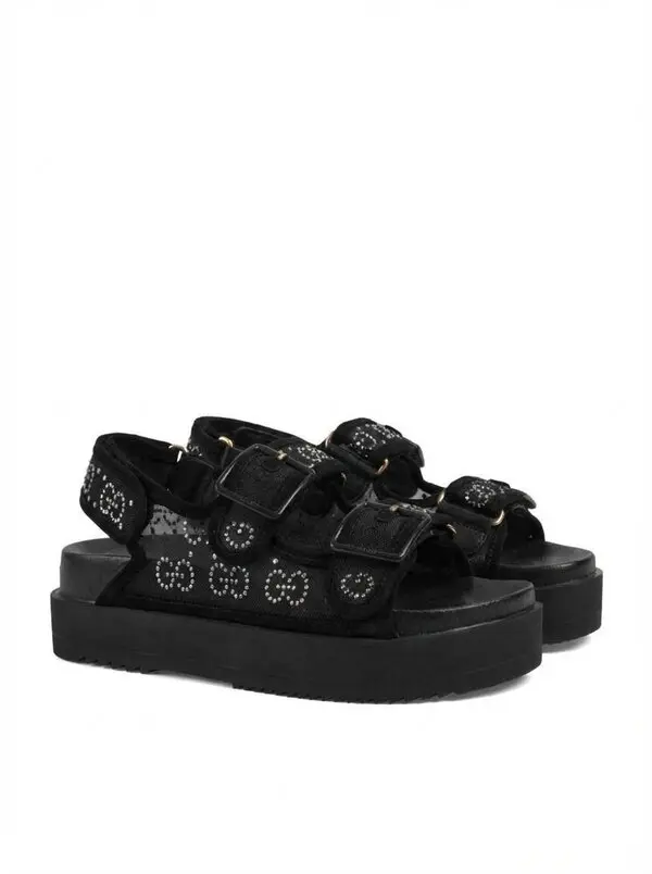 Gucci Crystal-embellished Monogram-pattern Sandals - Black