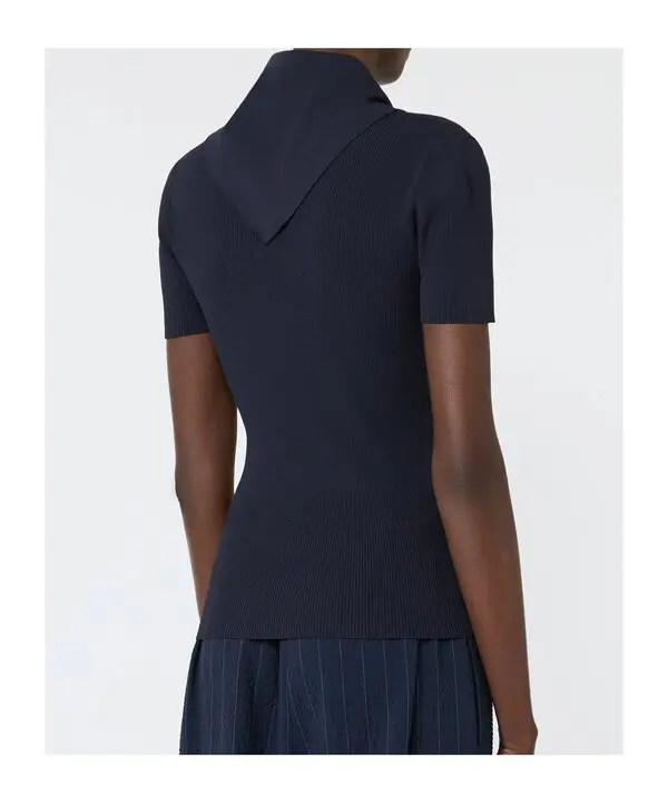 Max Mara Ribbed-knit V-neck Short-sleeve Sweater With Detachable Scarf - Navy Blue