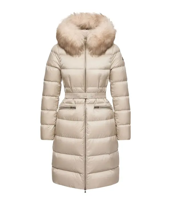 Moncler Long Hooded Cotton Jacket With Fur Collar - Nude