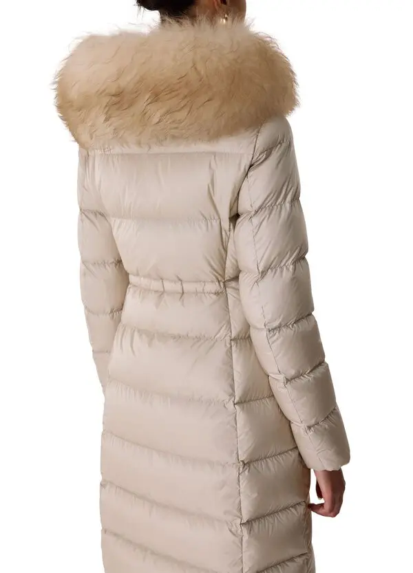 Moncler Long Hooded Cotton Jacket With Fur Collar - Nude