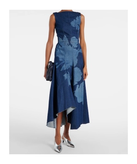 Erdem Sleeveless Printed Denim Midi Dress With Asymmetric Hem