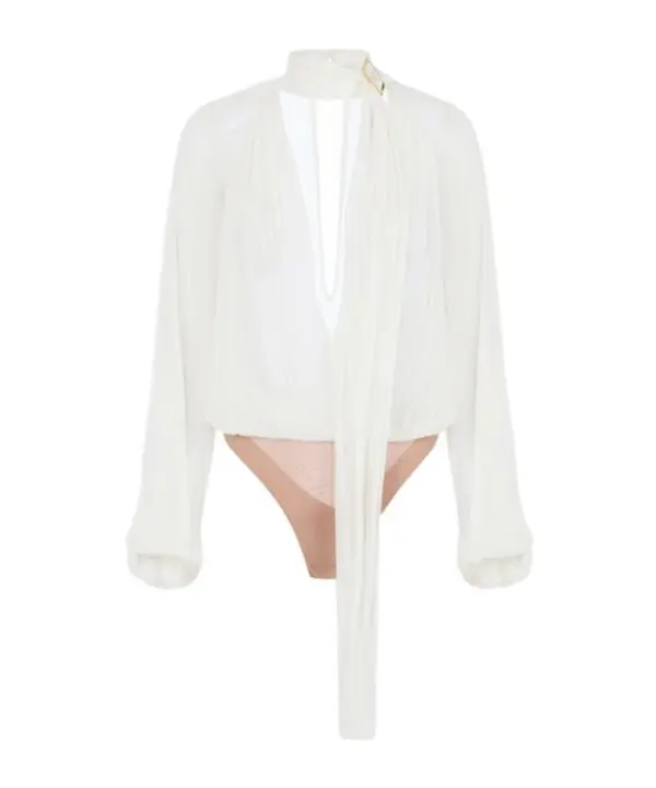 Elisabetta Franchi Bodysuit In Crepon Fabric With Sash - Ivory