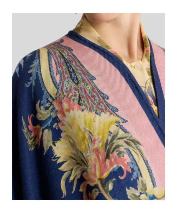 Etro Wool Cape With Placed Floral Paisley Print