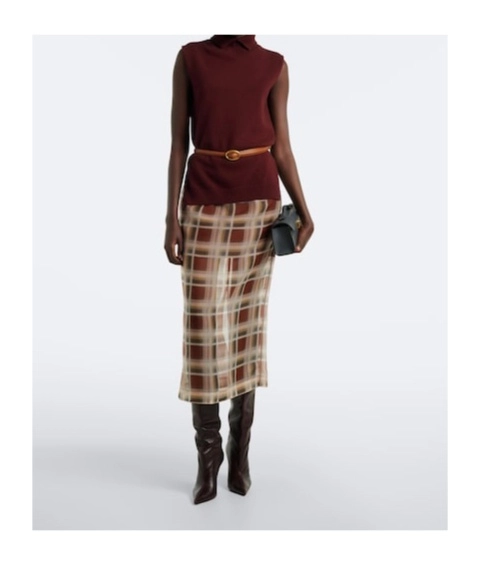FRAME Check Silk Midi Skirt