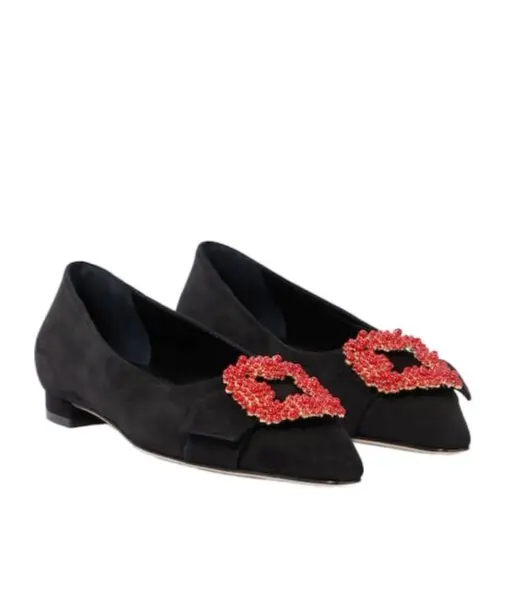 Manolo Blahnik Embellished Suede Ballet Flats - Black