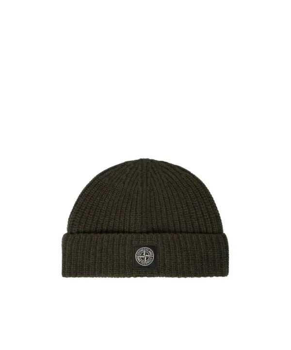 Stone Island Logo Patch Ribbed Beanie - Army Green