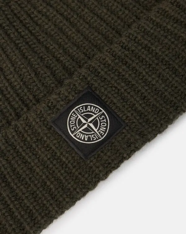 Stone Island Ribbed Knit Beanie With Compass Logo Patch