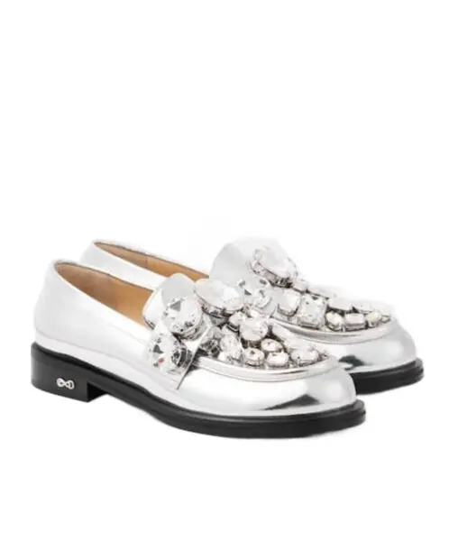 MACHMACH Crystal-embellished Metallic Leather Loafers