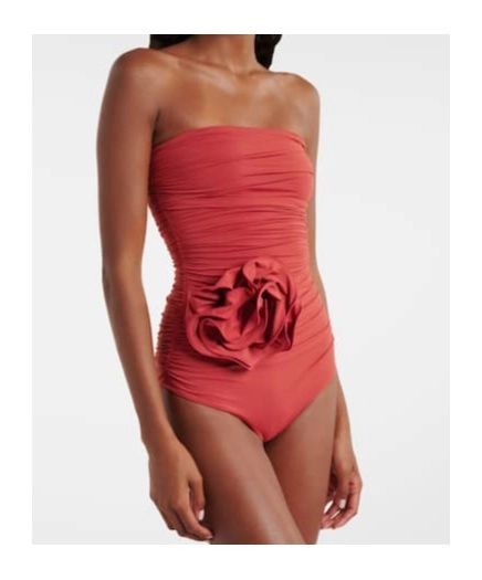 Magda Butrym Strapless Ruched Swimsuit With Floral Appliqu