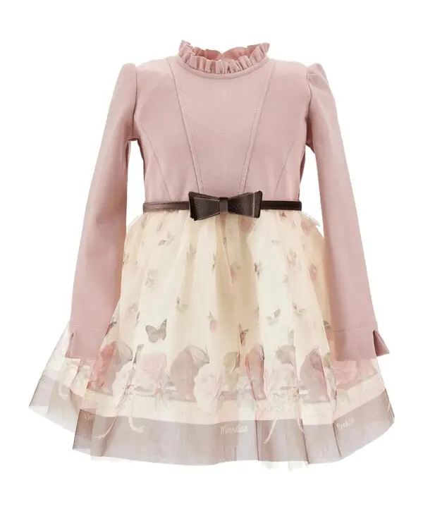 Monnalisa Long Sleeve Floral Print Ruffled Collar Dress