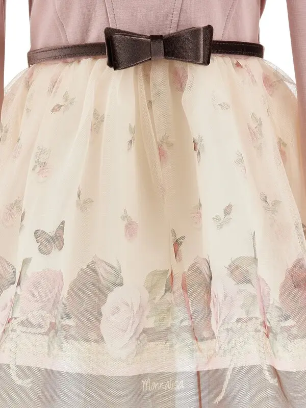 Monnalisa Long Sleeve Floral Print Ruffled Collar Dress