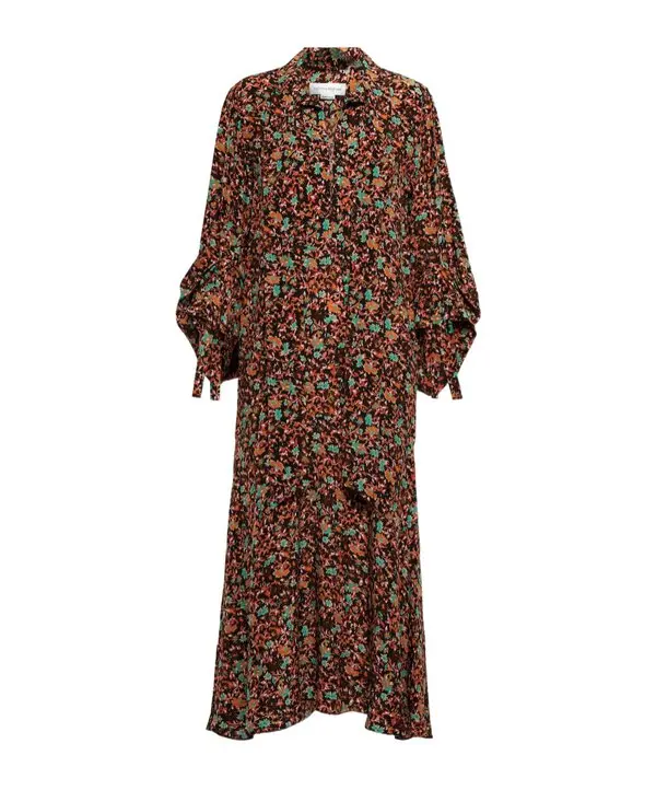 Victoria Beckham Floral Silk Midi Dress With Tie-neck - Brown