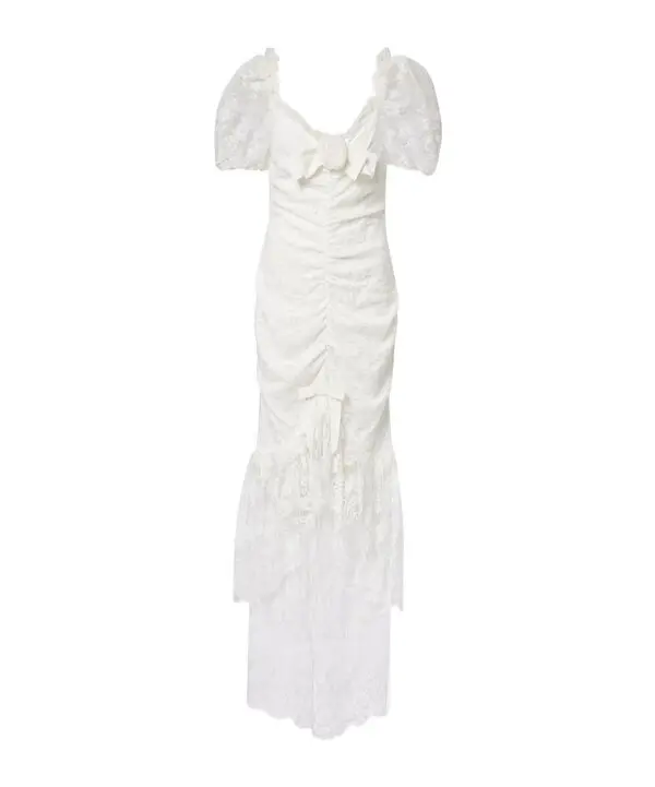 Alessandra Rich Bow-detail Ruched Lace Gown - White