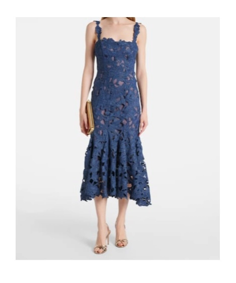 Oscar De La Renta Guipure Lace Floral Embroidered Midi Dress