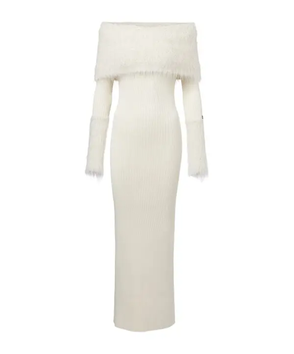 JEAN PAUL GAULTIER Ribbed-knit Faux Fur-trimmed Maxi Dress - White