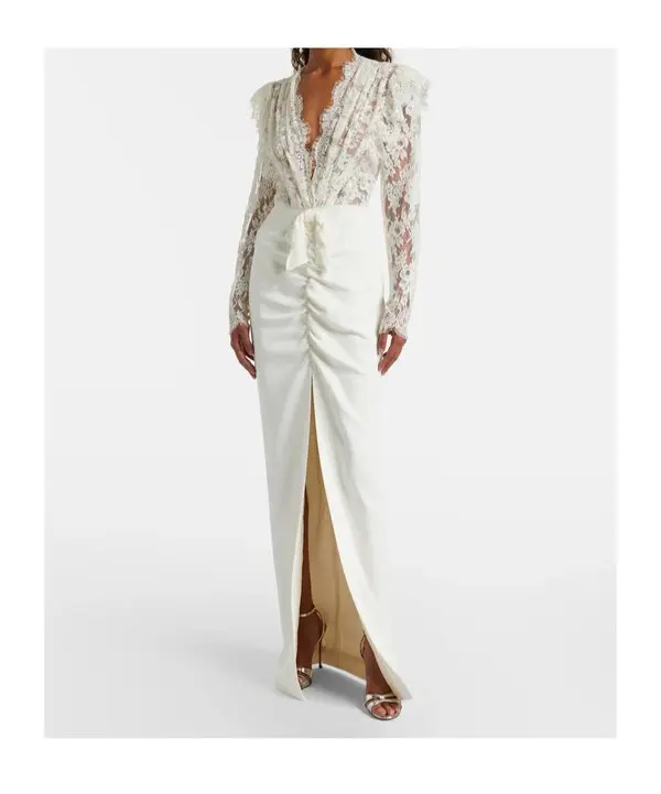 Alessandra Rich Lace Gown With Plunge Neckline And Front Slit