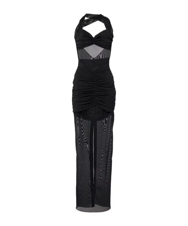 Alessandra Rich Ruched Sheer Mesh Maxi Dress - Black
