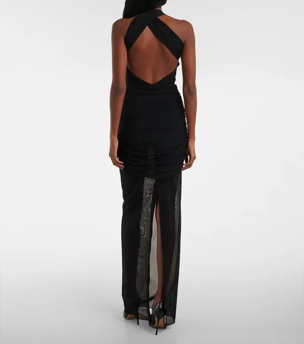 Alessandra Rich Ruched Sheer Mesh Maxi Dress