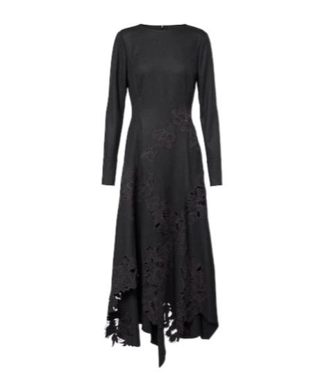 Oscar De La Renta Peony Asymmetric Wool Midi Dress With Floral Embroidery
