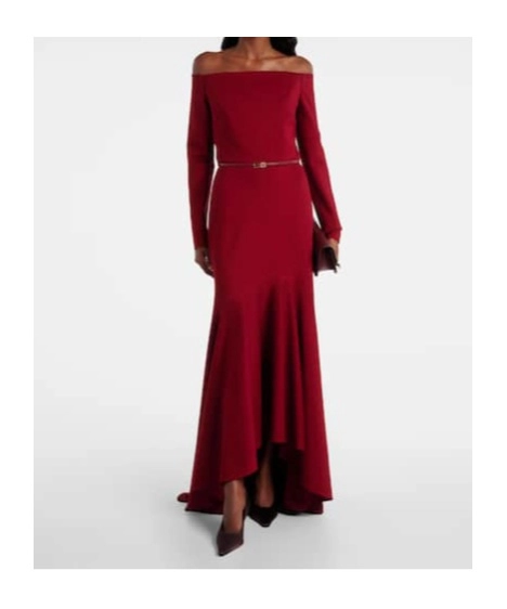 Elie Saab Belted Off-shoulder Jersey Gown