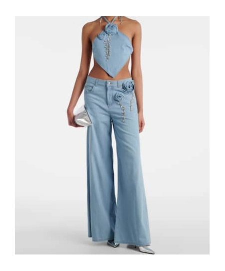 AREA Embellished Floral-appliqué Cotton Halter Top - Blue