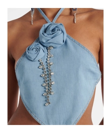 AREA Embellished Floral-appliqué Cotton Halter Top - Blue