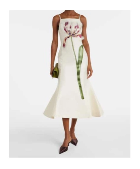 LEO Lin Regina Floral Embroidered Wool And Silk Midi Dress
