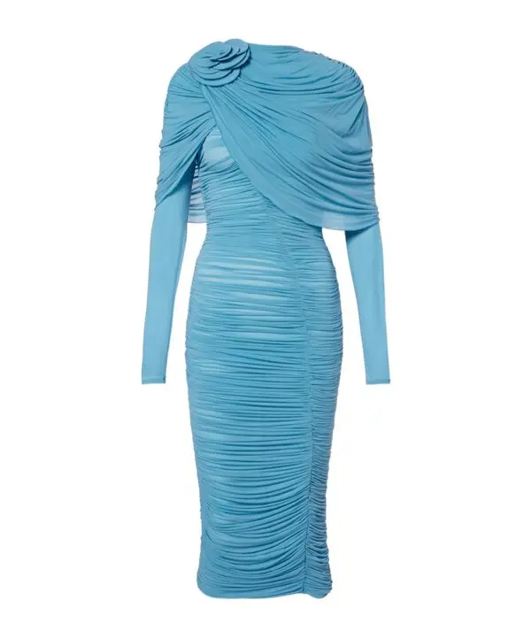 Magda Butrym Floral-applique Ruched Caped Midi Dress - Blue