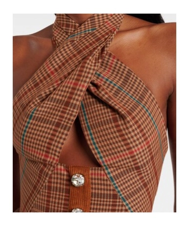 AREA Checked Halterneck Wool-blend Top