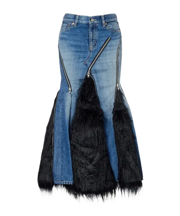 Junya Watanabe Low-rise Denim Skirt With Fur Accents - Black